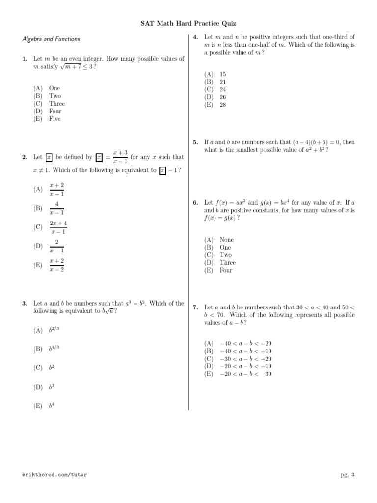 SAT Math Hard Practice Quiz | PDF | Function (Mathematics) | Algebra