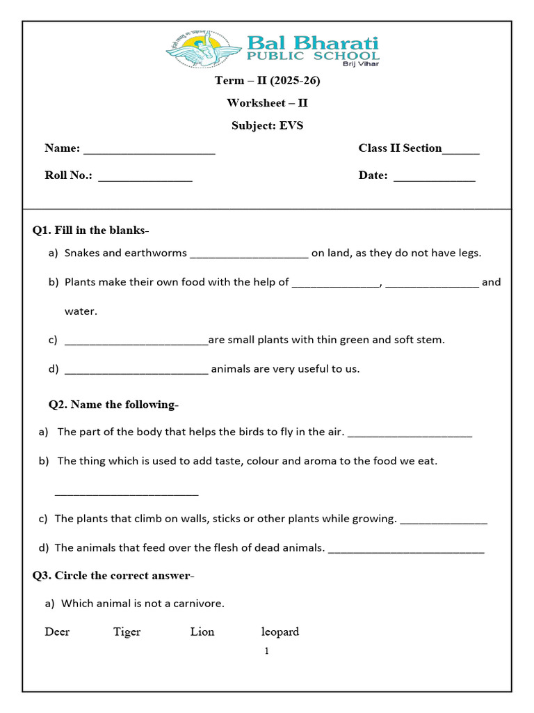 Evs Worksheet II 2025-26 | PDF | Foods | Plants