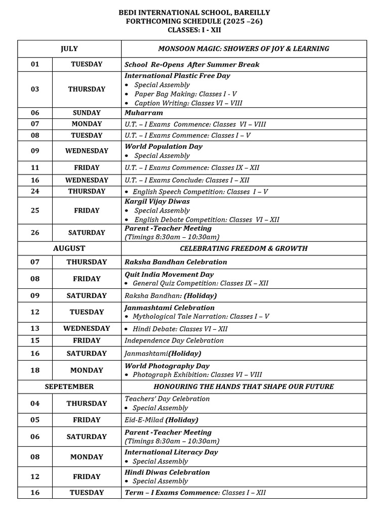 Forthcoming Schedule I - XII (2025 - 26) | PDF | Observances