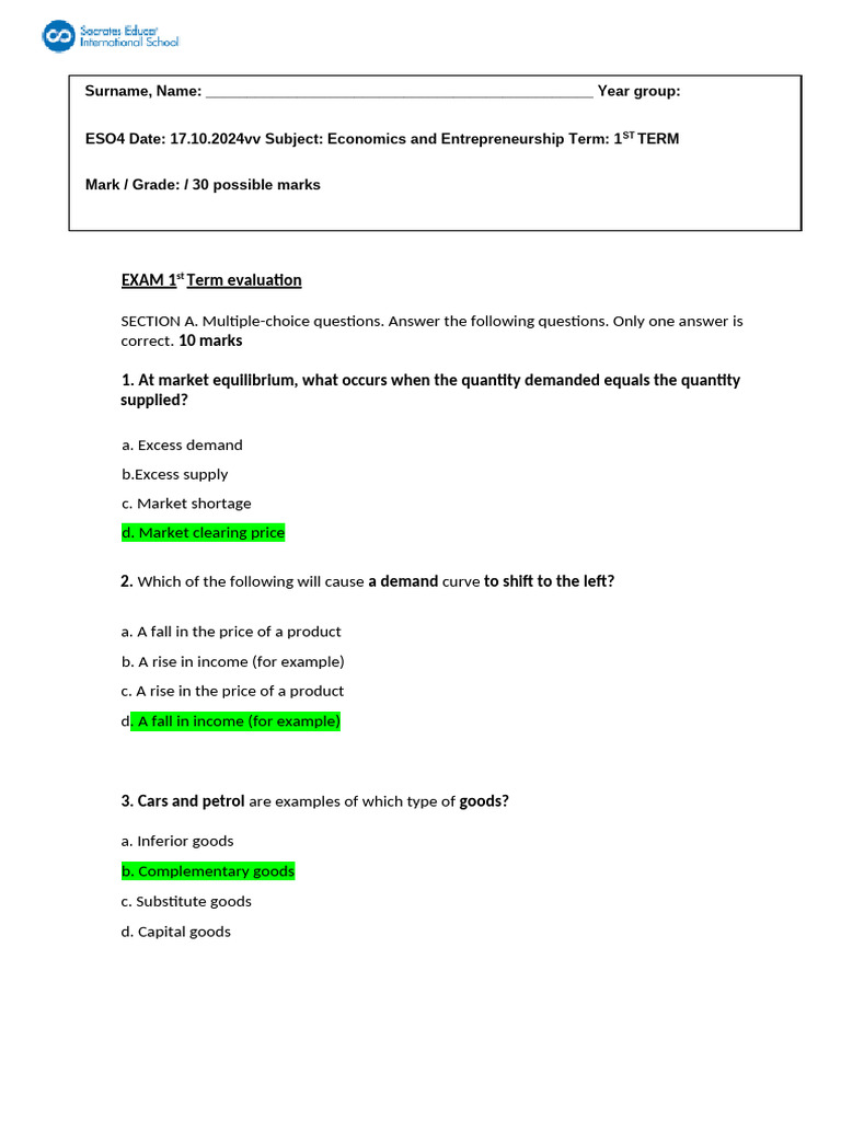 1stterm Exam With Answers | PDF | Opportunity Cost | Supply (Economics)