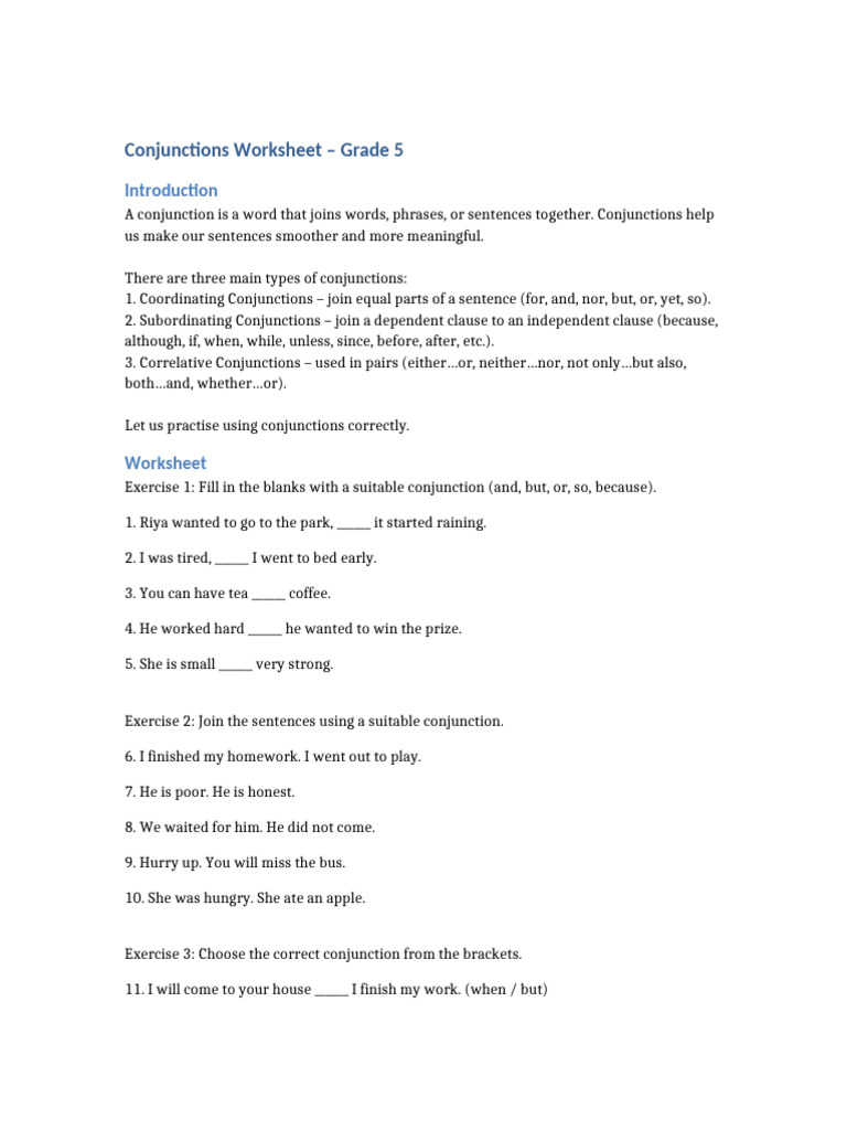 Conjunctions Worksheet Grade5 | PDF | Chess | Linguistics
