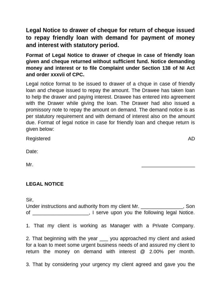 Legal Notice to Drawer of Cheque for Return of Cheque Issued to Repay ...