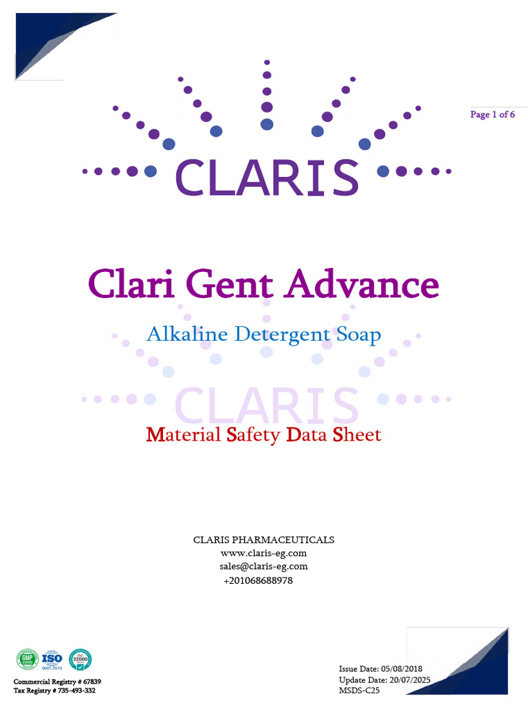 Clari Gent Advance-MSDS | PDF | Chemistry | Materials