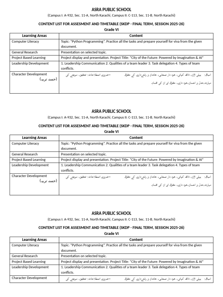 Grade 6 Time Table Final Term 2025-26 | PDF | Cognition | Literacy