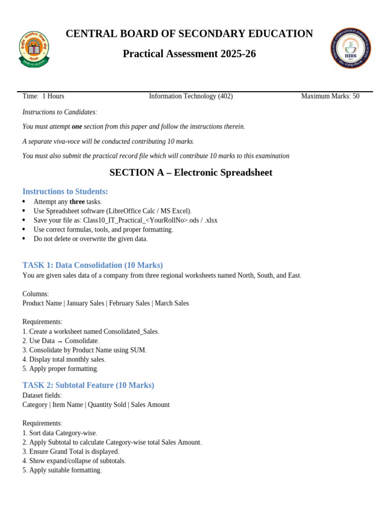 Class 10 IT Practical Assessment | PDF | Spreadsheet | Typefaces