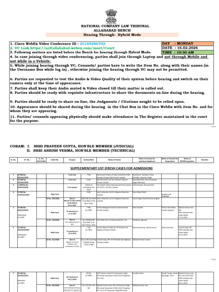 NCLT Allahabad Bench, Cause List Dt.16.02.2026 | PDF