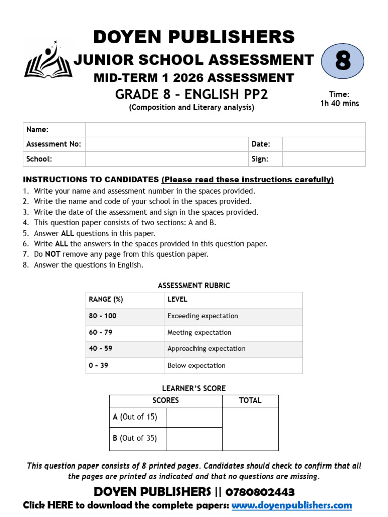 Grade 8 English PP2 Mid-Term I 2026 Assessment | PDF | Chess Theory | Chess