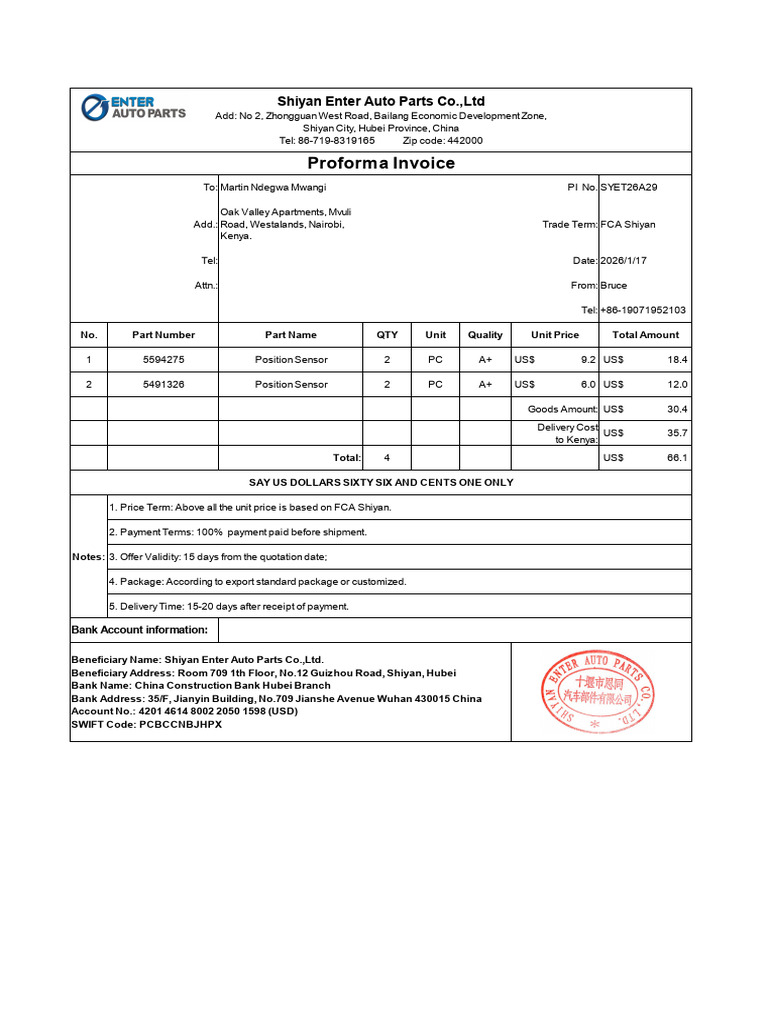 Proforma Invoice: Shiyan Enter Auto Parts Co.,Ltd | PDF | Business ...