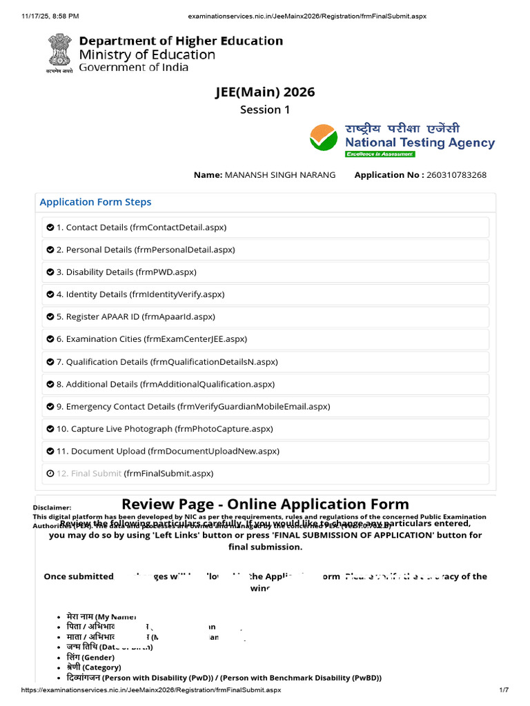 Review Page Jee Mains Form_manansh (2) | PDF