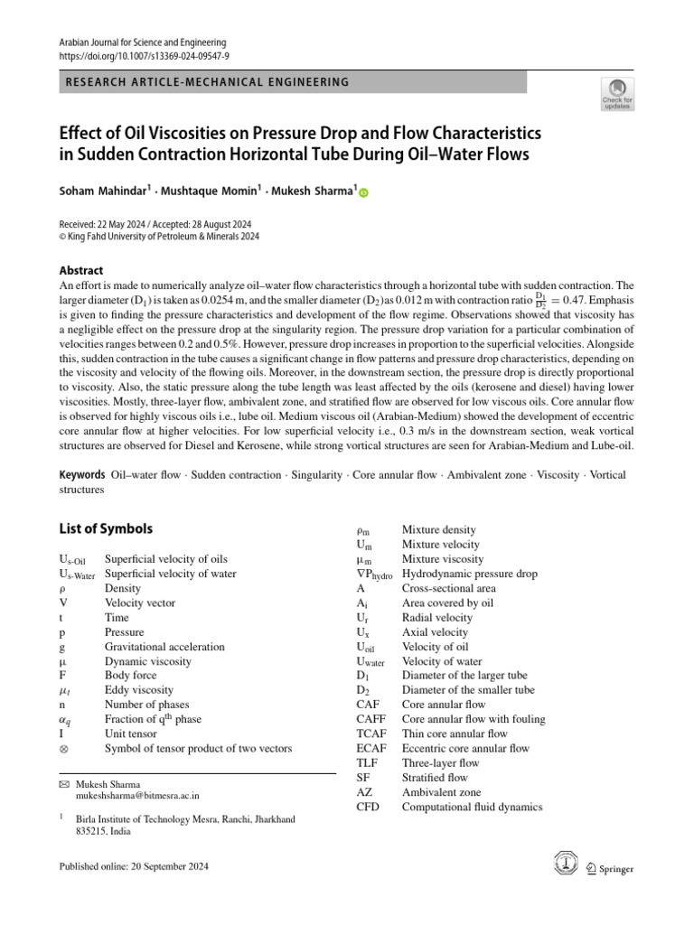 Effect of Oil Viscosities on Pressure Drop and Flow Characteristics in ...