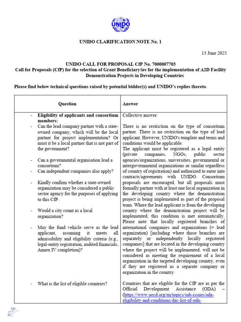 Clarification Note No. 1_UNIDO CfP No. 7000007703 A2D - 2nd Call_13!06 ...