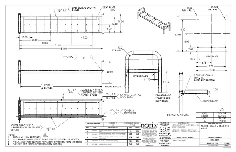 038-008-XX E Boulder Frame 4-Seat w End Arms | PDF | Technical Drawing