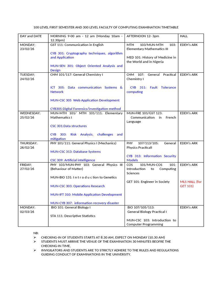 Updated 100 Level Timetable | PDF | Computing | Applied Mathematics
