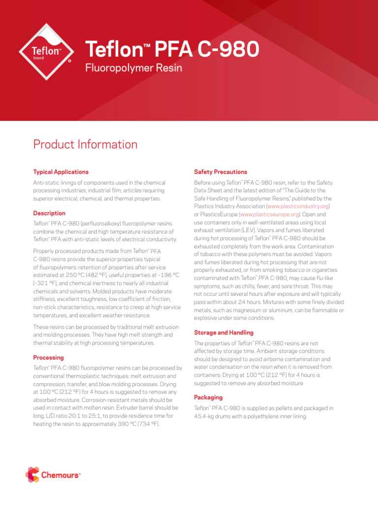 teflon pfa c 980 product info | PDF | Extrusion | Physical Sciences