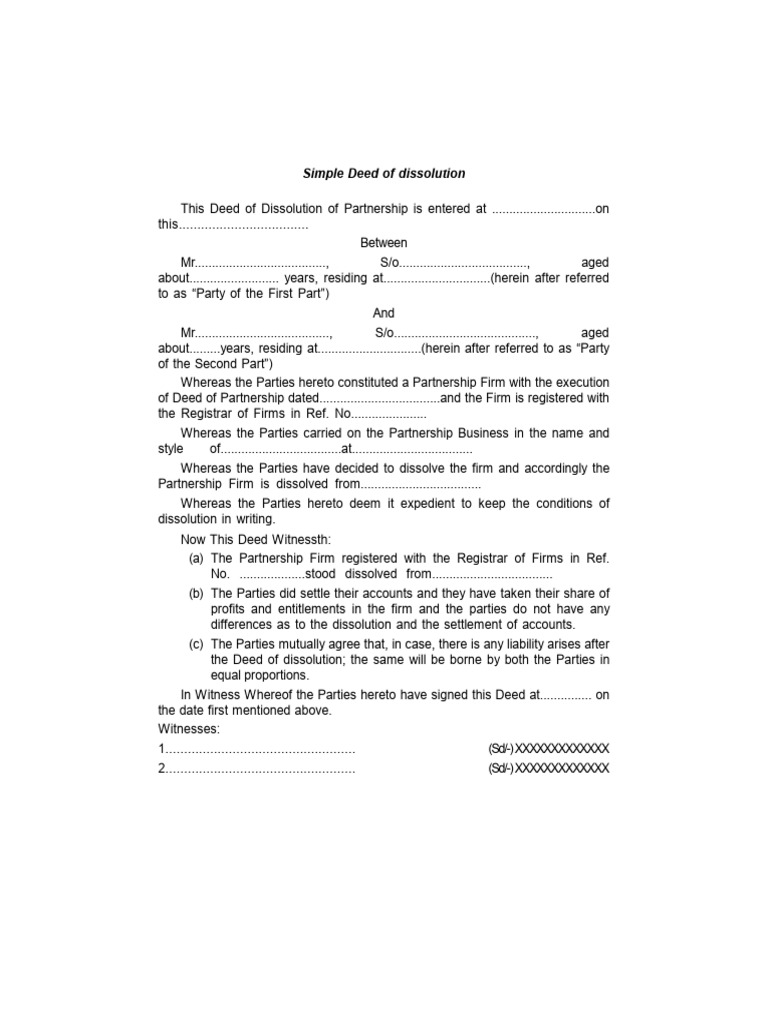 Simple Deed of Dissolution | PDF