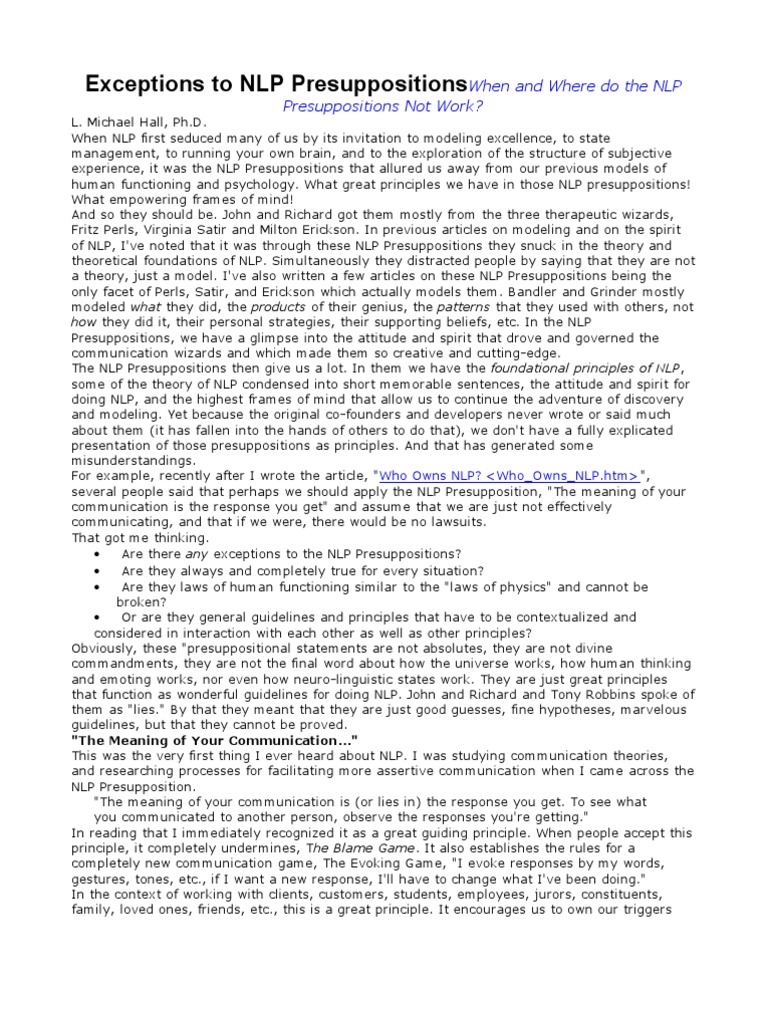 Michael Hall - Exceptions To Presuppositions | PDF | Neuro Linguistic ... Michael Hall - Exceptions To Presuppositions | PDF | Neuro Linguistic ...