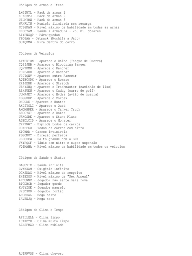 Códigos Gta Sa | PDF