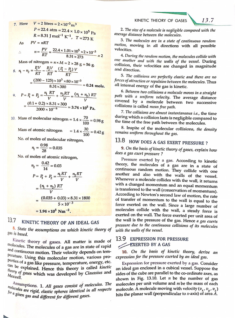 KTG Important Derivations Class 11 Physics | PDF