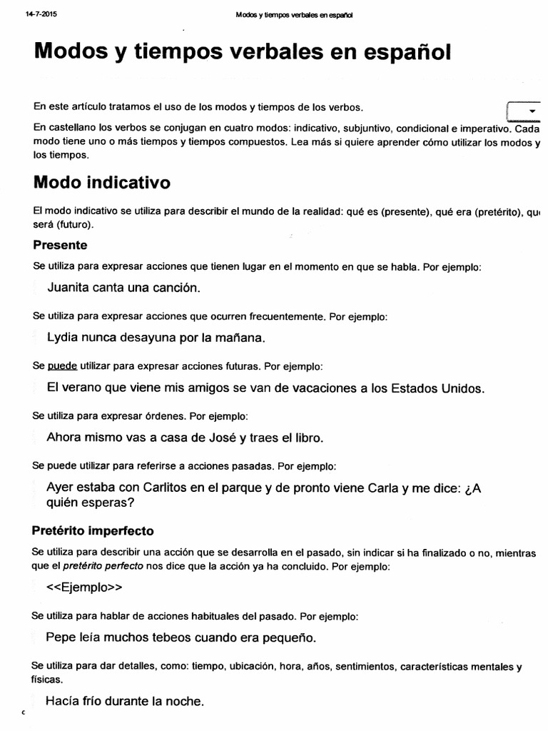 Modos y Tiempos Verbales en Español | PDF