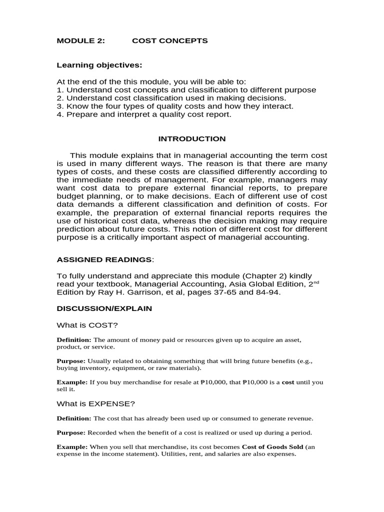 MANACC1.Module 2 Cost Concepts | PDF | Cost | Expense
