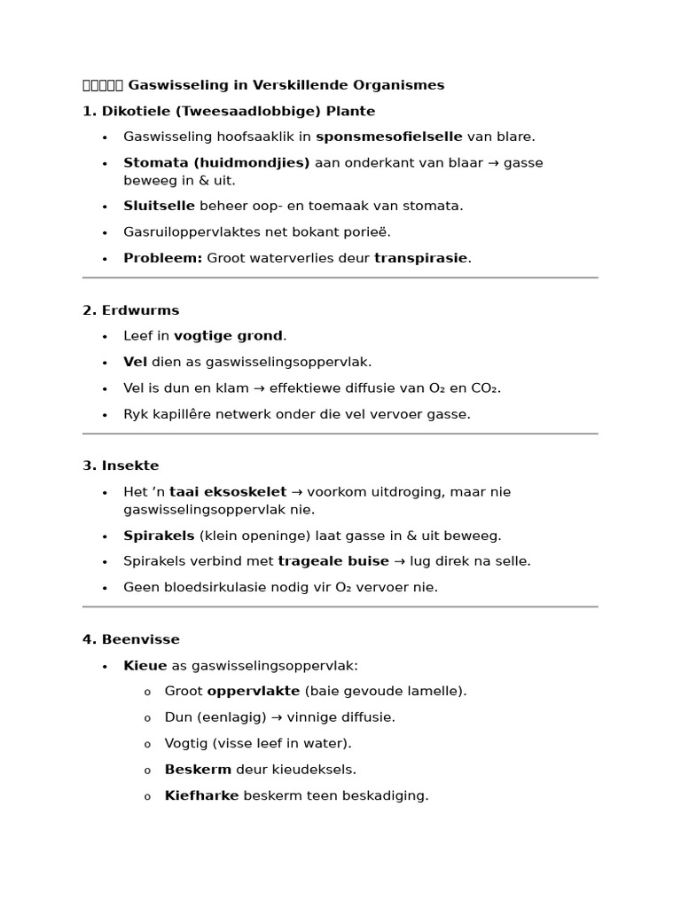 Gaswisseling in Verskillende Organismes | PDF