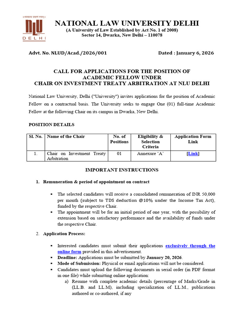 Academic Fellow Chair On Investment Treaty Arbitration 2026 | PDF ...