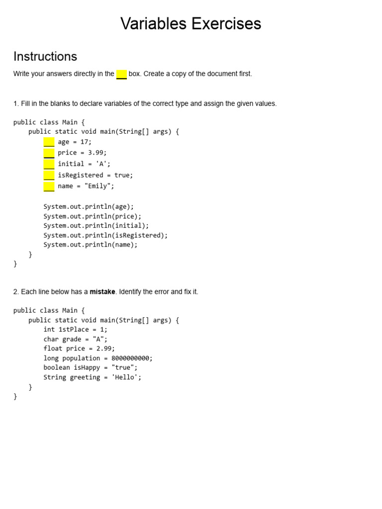 03a - Variables Exercises | PDF | Computer Programming | Software ...