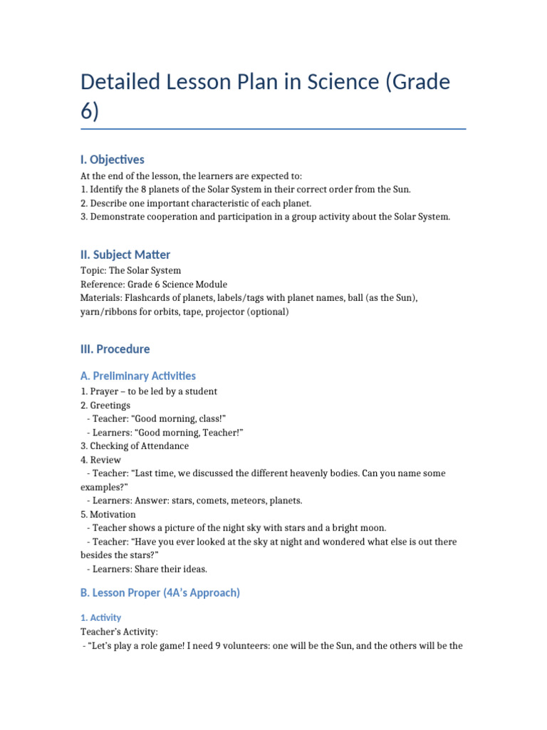 Detailed Lesson Plan Solar System | PDF | Planets | Solar System