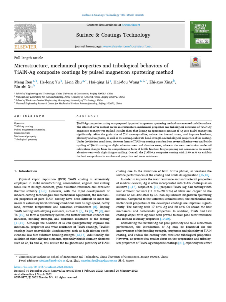 Microstructure, Mechanical Properties and Tribological Behaviors Of ...