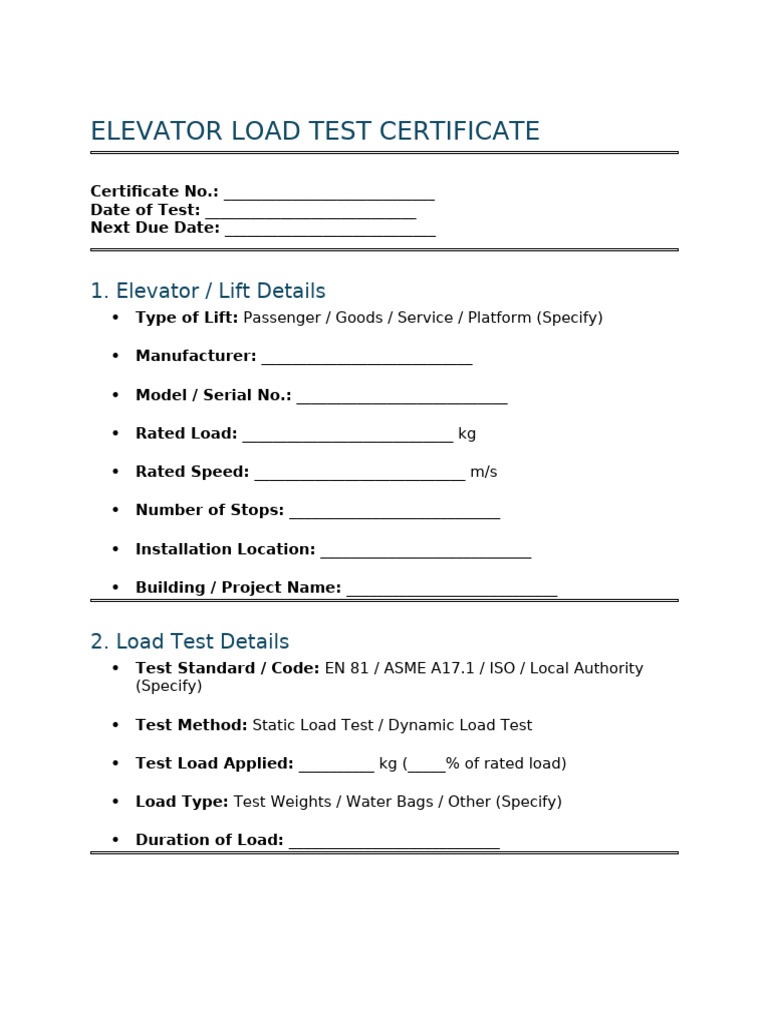 Elevator Load Test Certificate | PDF | Elevator | Transport