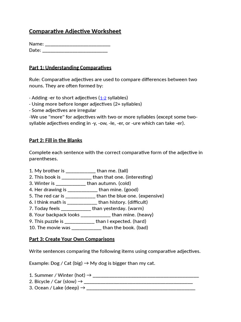 Comparative Adjective Worksheet | PDF | Adjective | Linguistic Morphology