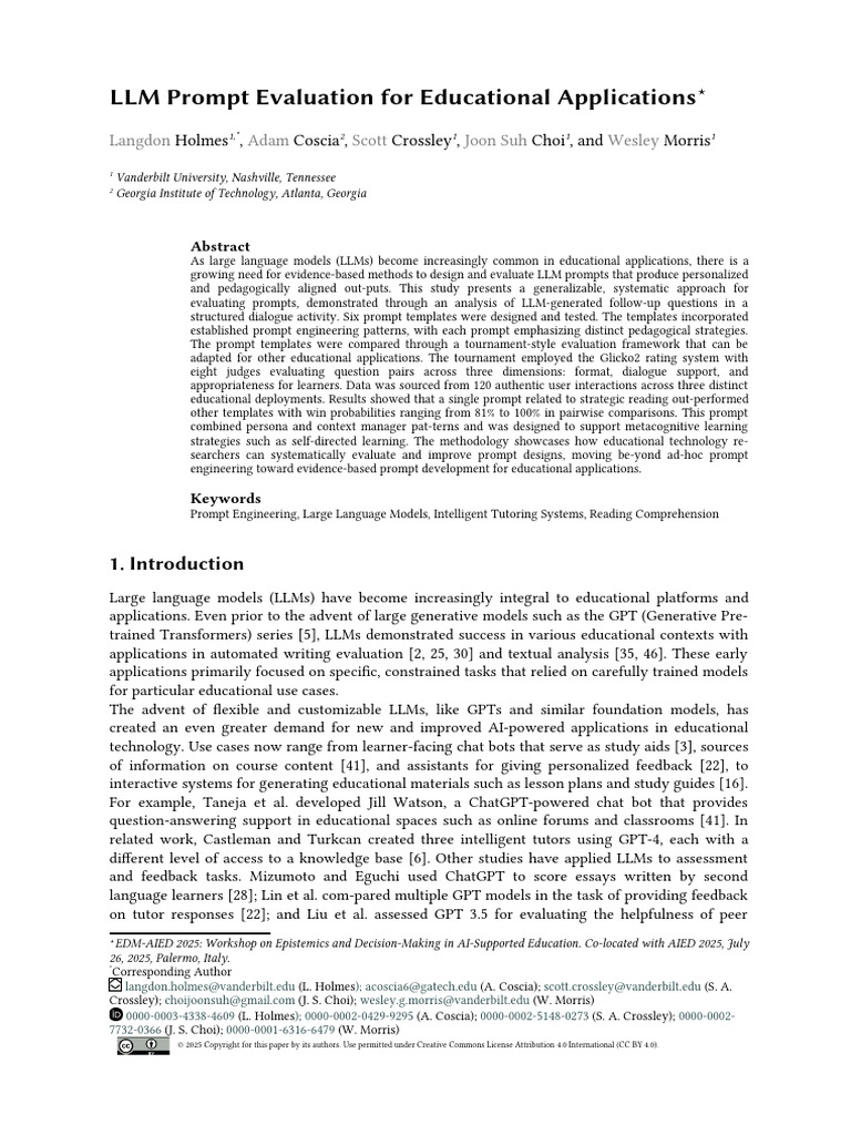 LLM Prompt Evaluation For Educational Applications | PDF | Learning ...