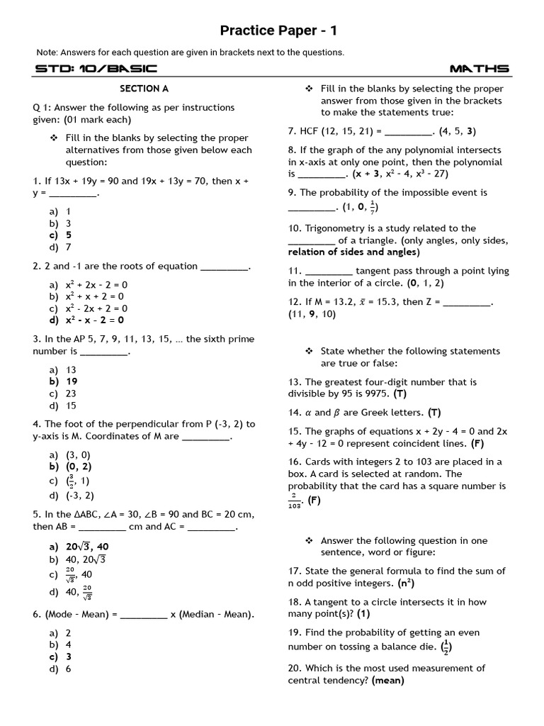 Basic - Maths Practice Paper - 1 | PDF | Quadratic Equation ...