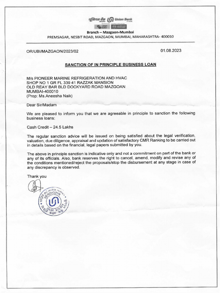 Loan Sanctioned Letter Cc Limit Rs.24.5 Lakh | PDF