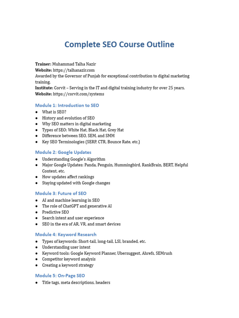 Complete SEO Course Outline by Talha Nazir | PDF | Search Engine ...