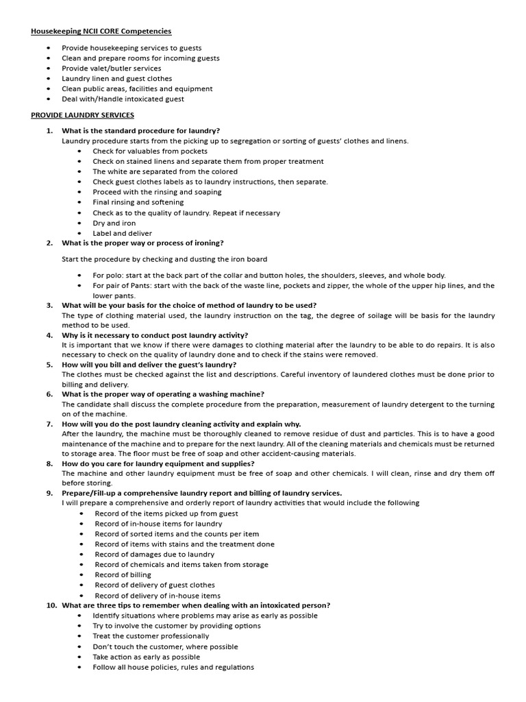 Housekeeping NCII CORE Competencies | PDF | Laundry | Housekeeping