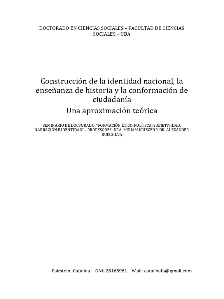 Trabajo Final Fairstein Construcción de La Identidad Nacional, La ...
