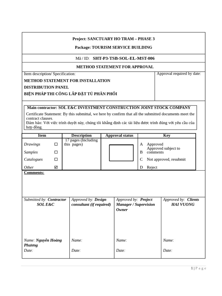 SHT P3 TSB SOL EL MST 006 Method Statement For Installation ...