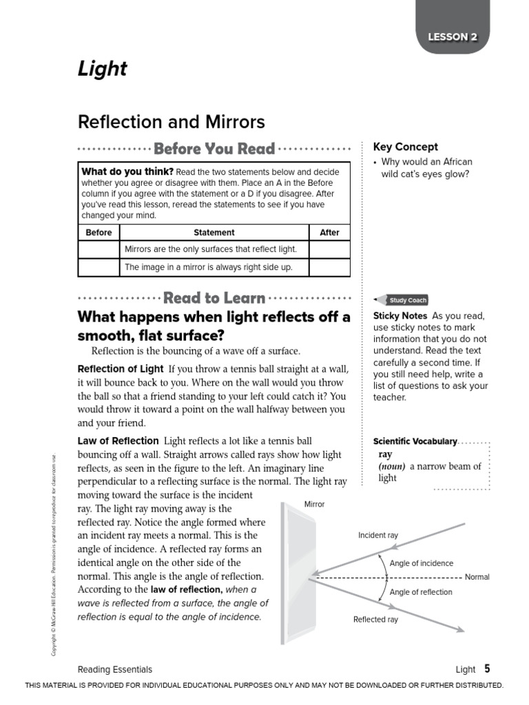 Reading Essentials - Reflection and Mirrors | PDF