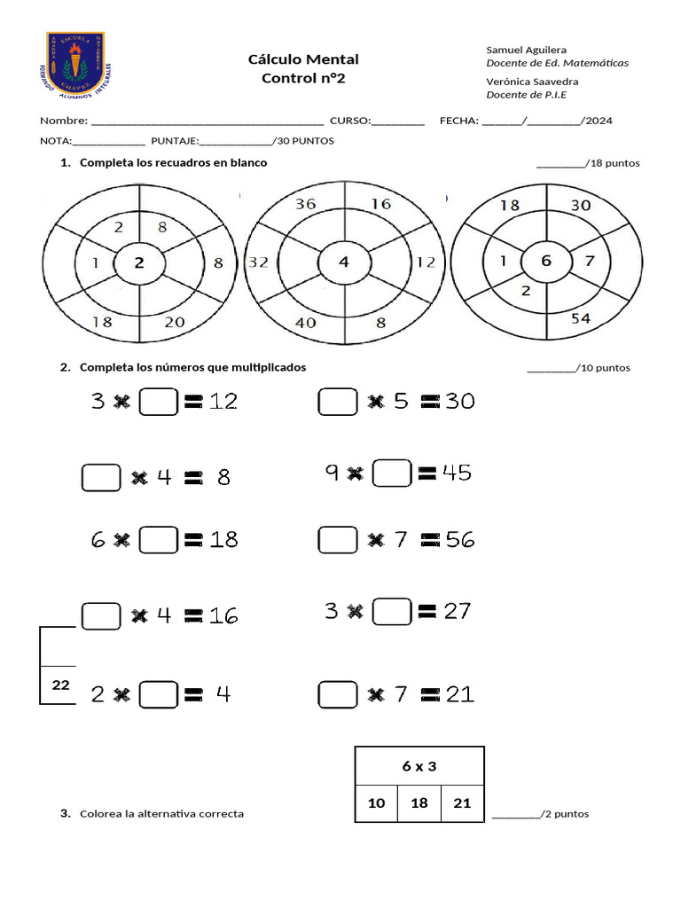 Control N°2 de Tablas de Multiplicar | PDF