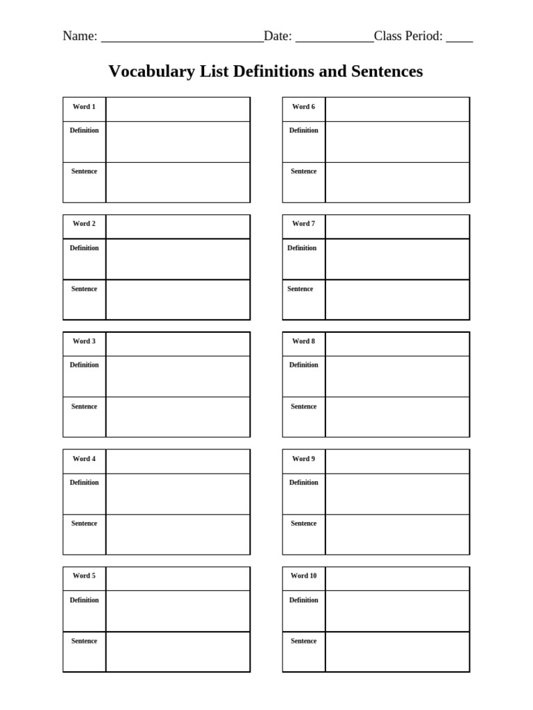 Blank Vocabulary Worksheet Template PDF Download | PDF
