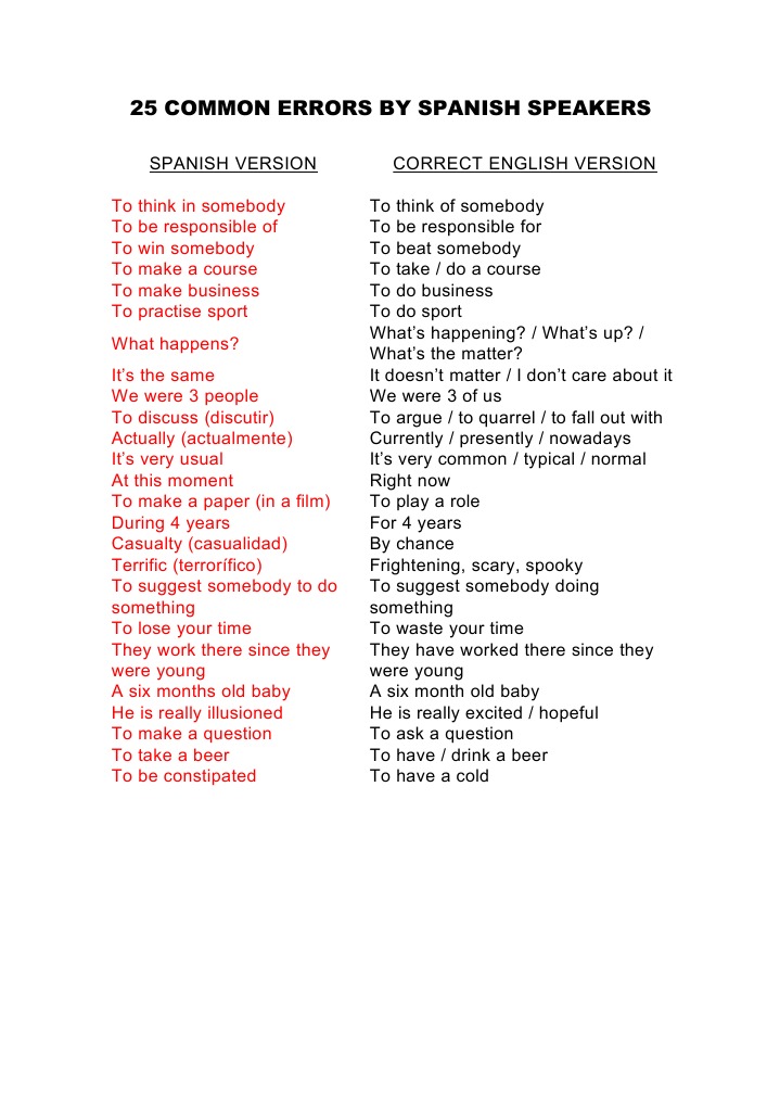 Common English Errors for Spanish Speakers | PDF | Language Arts ...