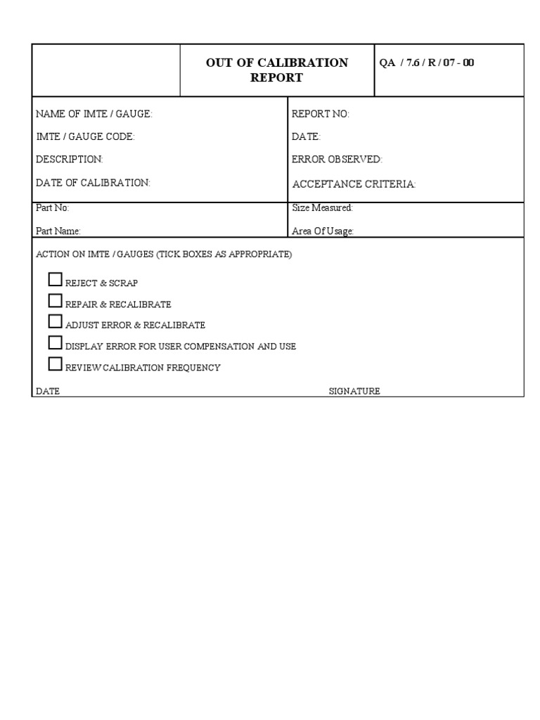 Out of Calibration Report Guidelines | PDF