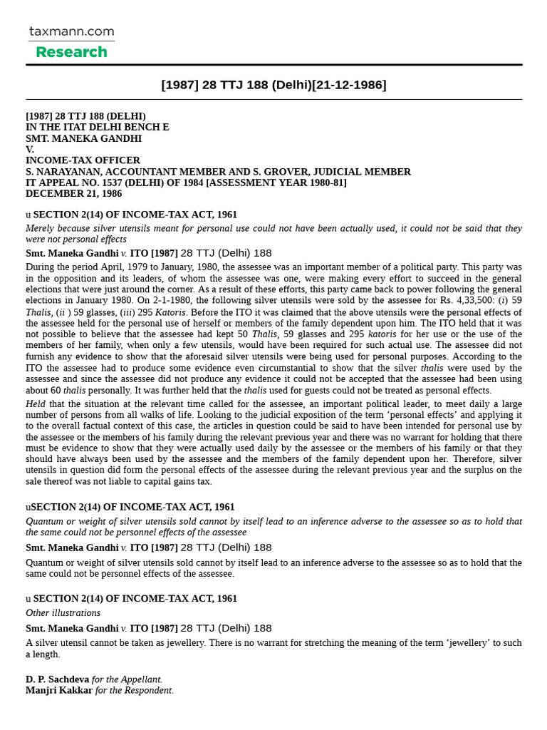 Smt. Menka Gandhi V ITO Personal Effect | PDF | Metals | Precious Metals