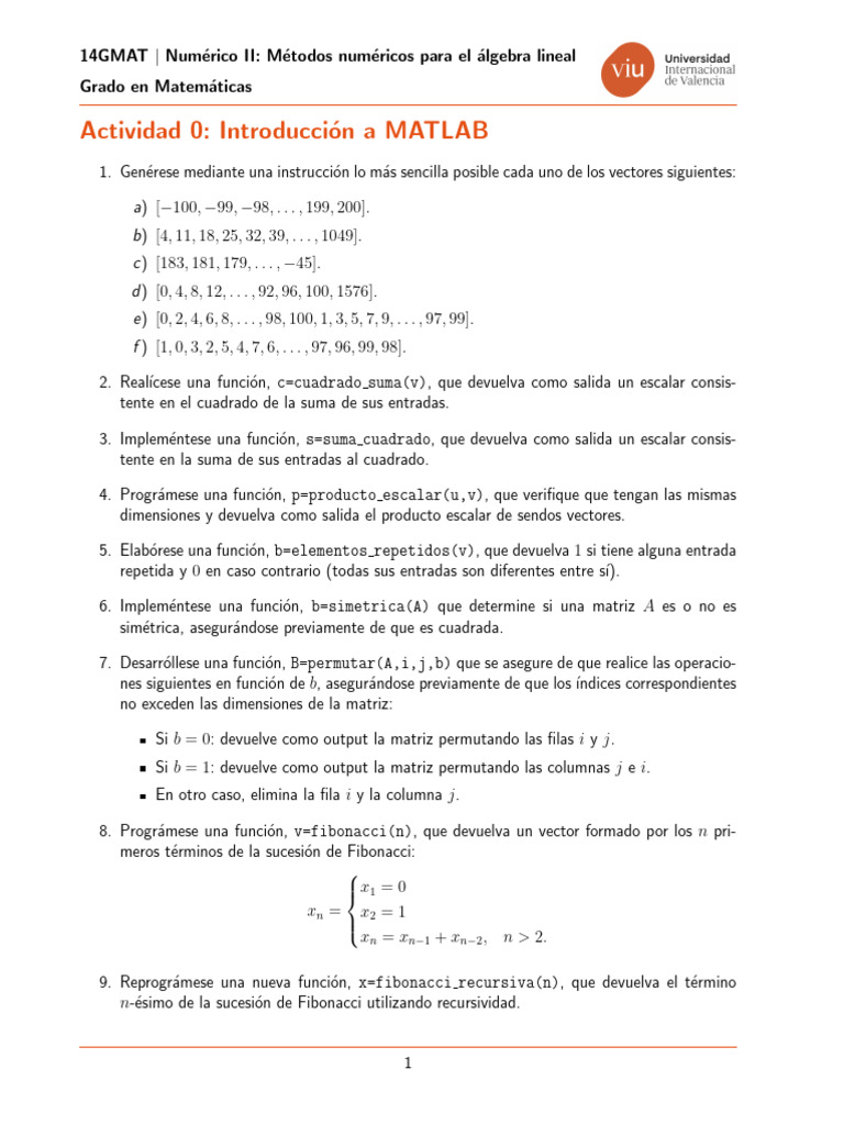 Actividad 0, Introducción A Matlab | PDF | Matriz (Matemáticas ...