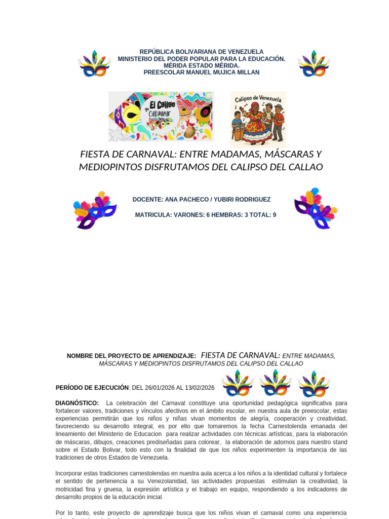 Proyecto de Aprendizaje Carnaval | PDF | Educación de la primera ...