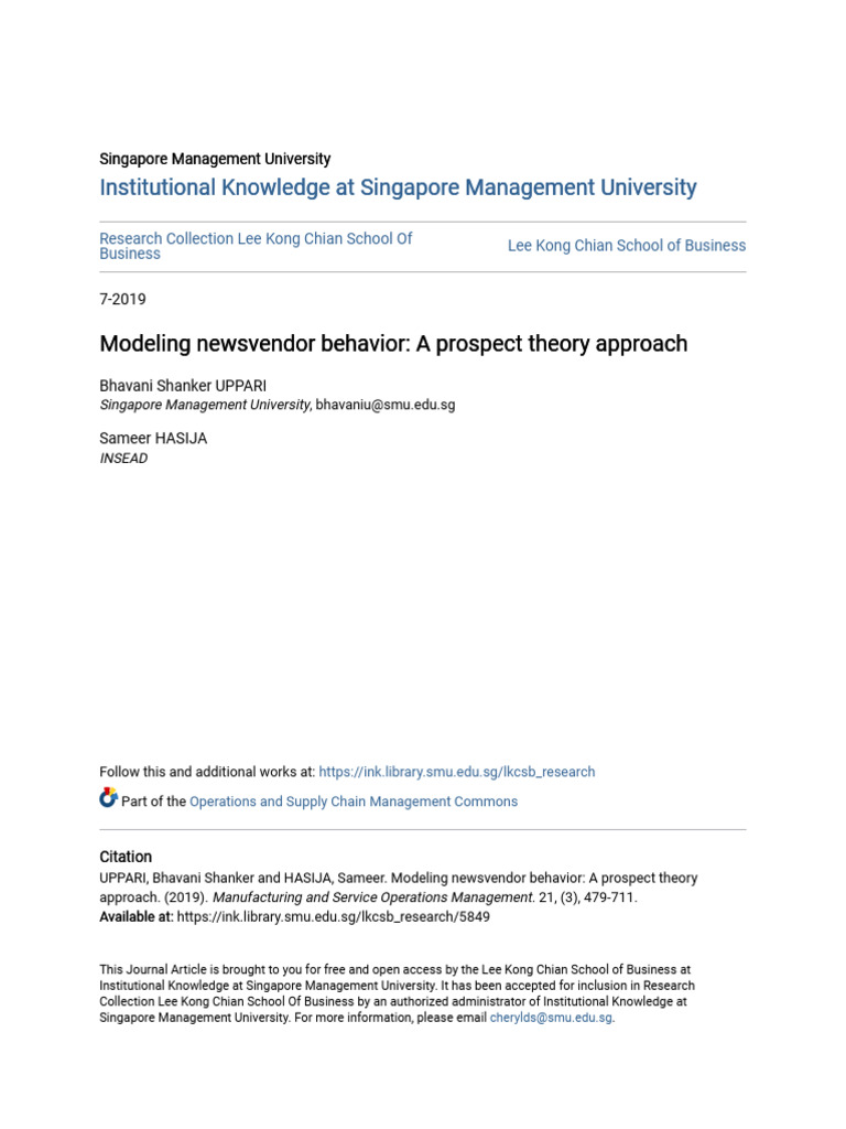 Modeling Newsvendor Behavior - A Prospect Theory Approach | PDF ...