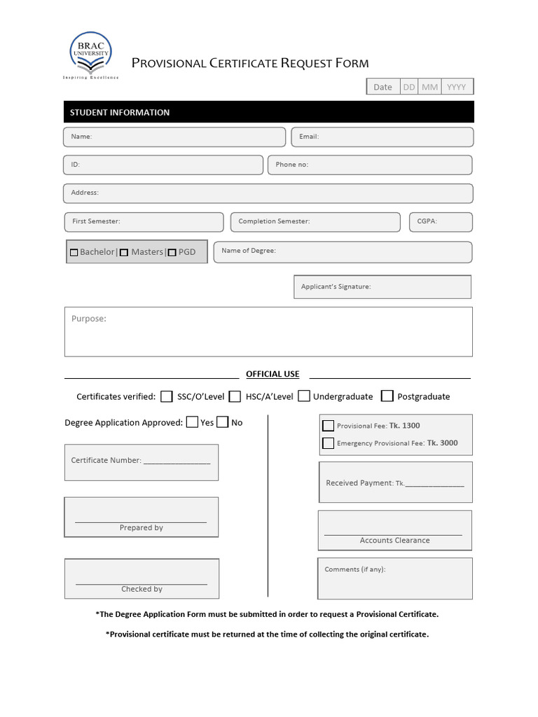 Provisional Certificate Form | PDF