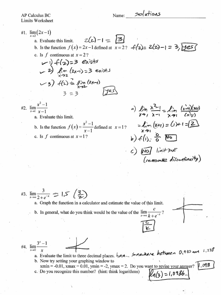 Apcalcbc Limits Worksheet Solutions | PDF