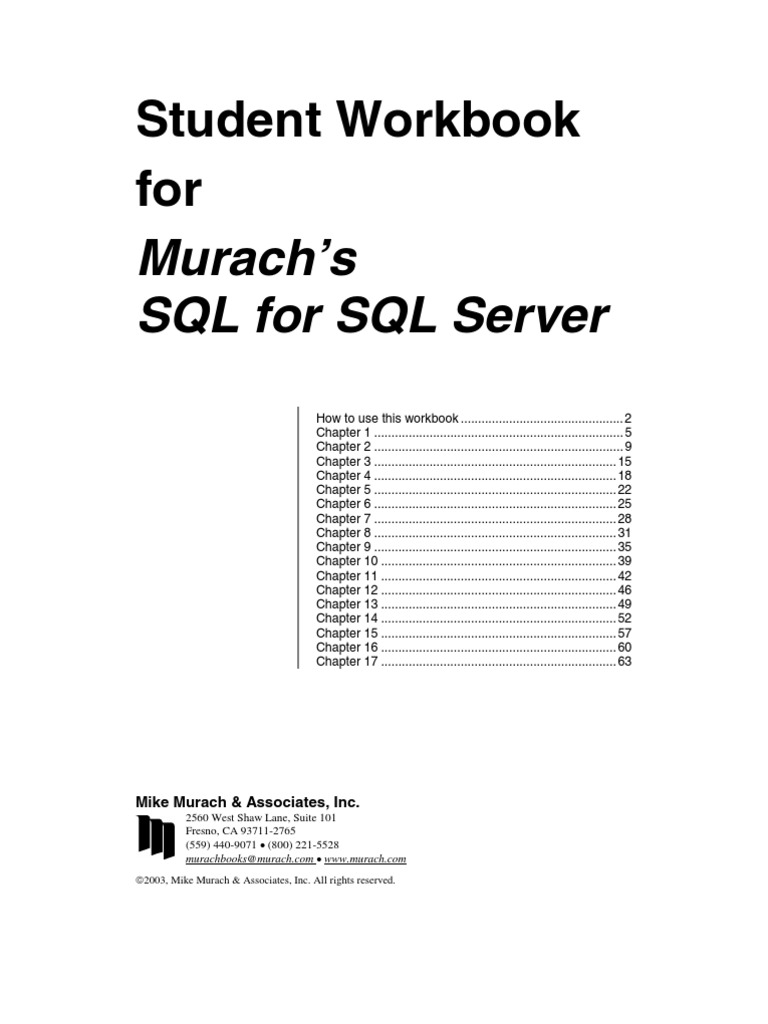 Student Workbook For: Murach's SQL For SQL Server | PDF